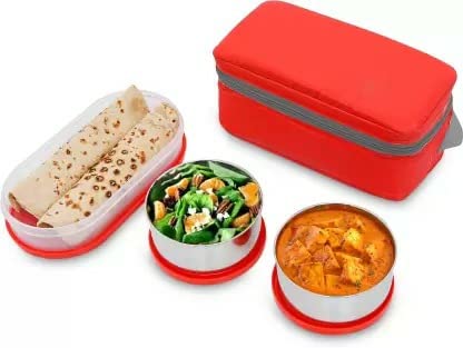 Buy Hometronics Classic Stainless Steel Red Color Lunch Box Air Tight 3 ...