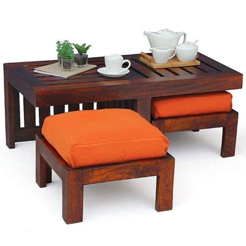 RATANDHRA Furniture Wooden Center Coffee Table with 2 Stools for Living ...