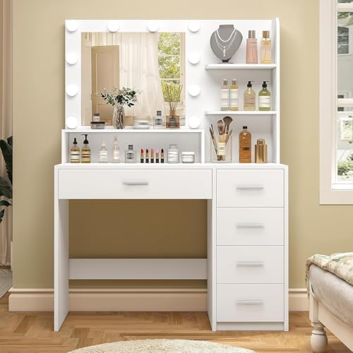 Amazon.com: ANWBROAD Vanity Desk White Vanity Table Set with Sliding ...