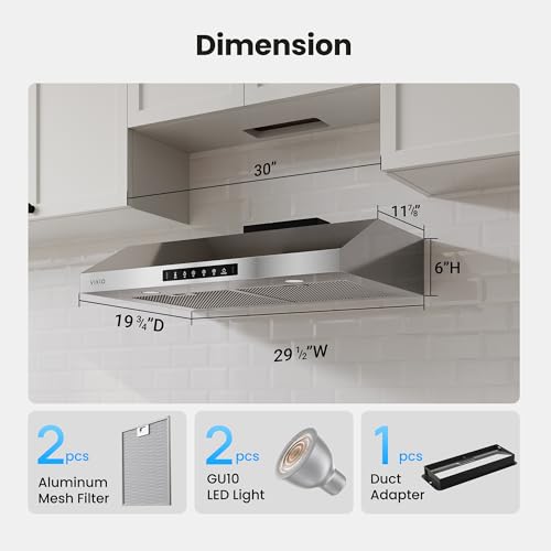 VIKIO HOME 30 Inch Under Cabinet Range Hood, 900CFM Fast Venting Ducted ...