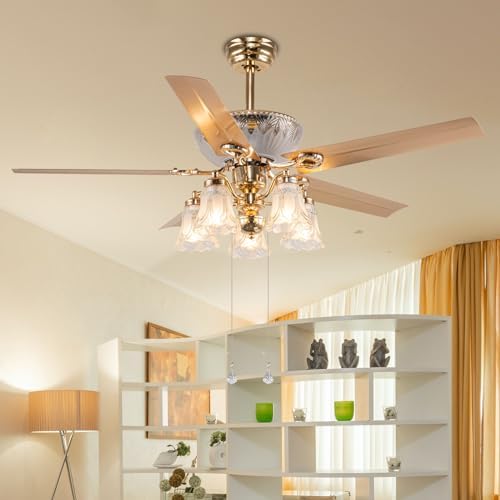 52Inch Modern Gold Ceiling Fan with Light Remote Control, Chandelier ...