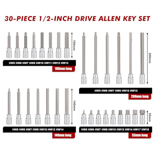 CASOMAN 1/2" Drive Hex Allen Key Bit Socket Set, H5-H19, CR-V, 30Pcs ...