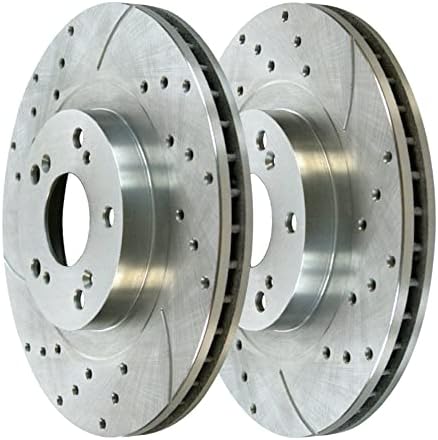 AutoShack Front Drilled Slotted Brake Rotors Silver Pair of 2 Driver and Passenger Side ...