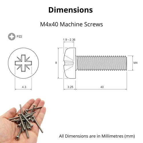 (M4 x 40mm) Pozi Pan Machine Screws/Bolts (20 Pack) Stainless Steel ...