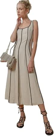 MengXingHe Striped Strap Square Collar Dress Women Sleeveless Backless ...