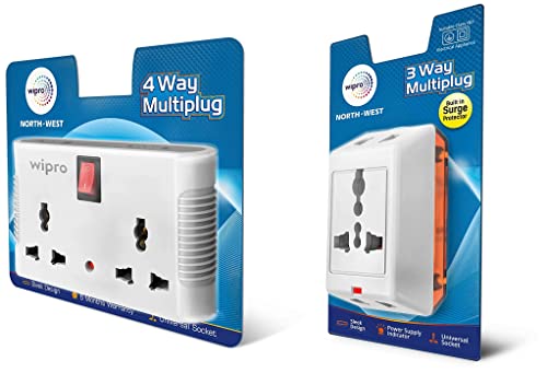 Wipro 4 way multiplug with 2 universal sockets & Wipro 3 way multiplug with built in Surge ...