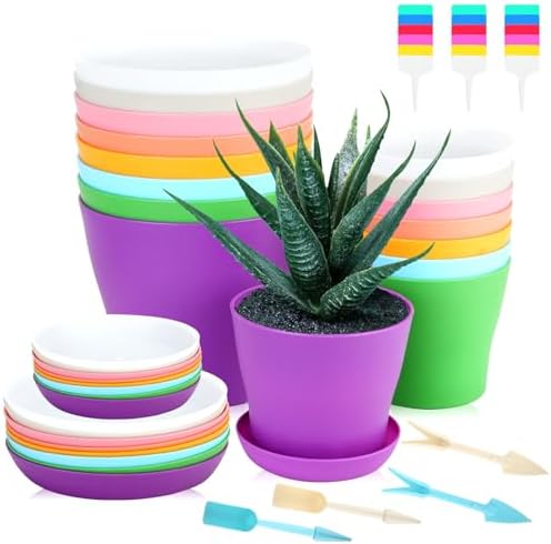RETON 38Pcs Colorful Plastic Plant Pots Set, Including 16Pcs 10/14 cm ...