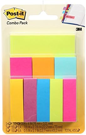 Post-it Notes & Page Markers Combo Pack, 3" x 4", .5" x 2", 1" x 3 ...