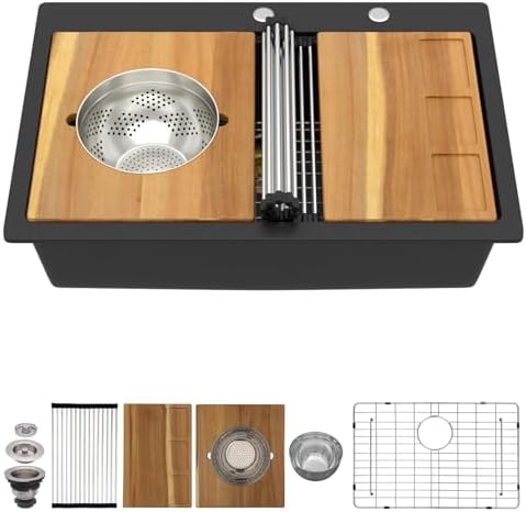 Talllor 33 Inch Granite Composite Kitchen Sink - 33"x22" Black Drop In ...
