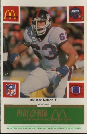 Karl Nelson "New York Giants" McDonald's NFL Play & Win 1986 Football ...