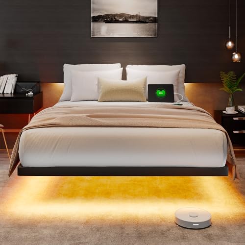 Amazon.com: Hasuit Floating Bed Frame Queen Size with LED Lights, Metal ...