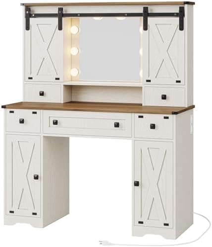 Amazon.com: Hasuit Farmhouse Vanity Desk with Mirror and Lights, White ...