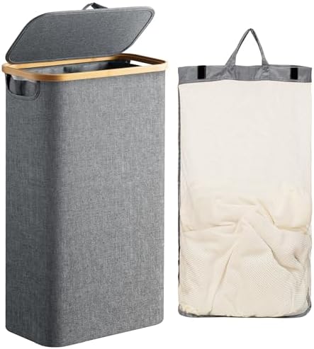 Amazon.com: uniloom Slim Laundry Hamper with Lid & Bamboo Rim - 60L ...