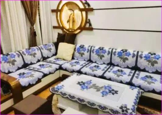 BALLEY L Shape Sofa covef 7 Seater with Table Cloth (Blue) : Amazon.in ...