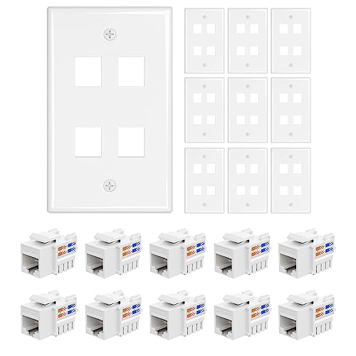 Iwillink 10 Pack 4 Port Keystone Jack Wall Plate and 10 Pack White Cat6 ...