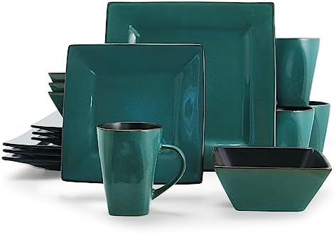 Amazon.com | 16 Piece Square Dinnerware Set in Dark Teal and Black Blue ...