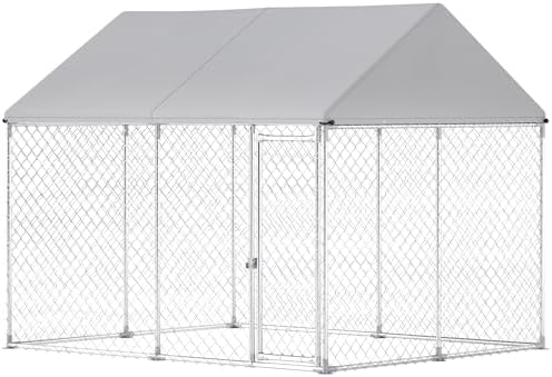 PawHut Outdoor Dog Kennel with Roof, Heavy Duty Galvanized Steel Dog ...