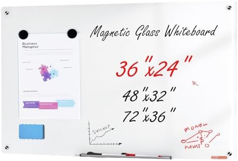 VEVOR Magnetic Glass Whiteboard, Dry Erase Board 36"x24", Wall-Mounted Large White Glassboard ...