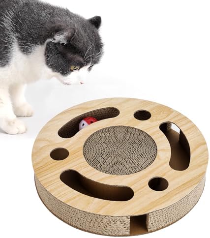 3 in 1 Cat Scratching Board, Round Cat Scratcher with Bell Balls and ...