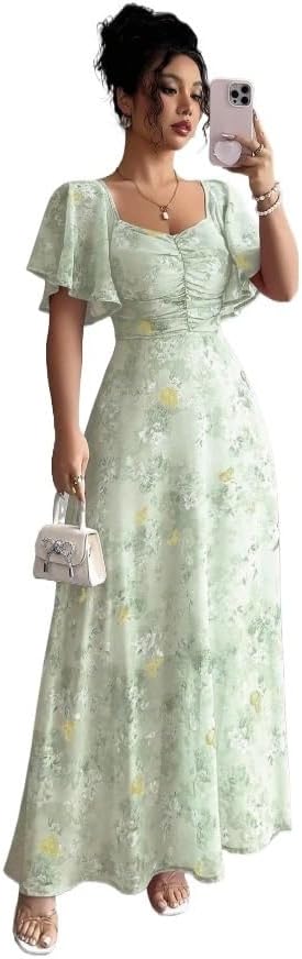 New Square Neck Puff Sleeve Floral Long Skirt Dress(S) Mint Green at ...