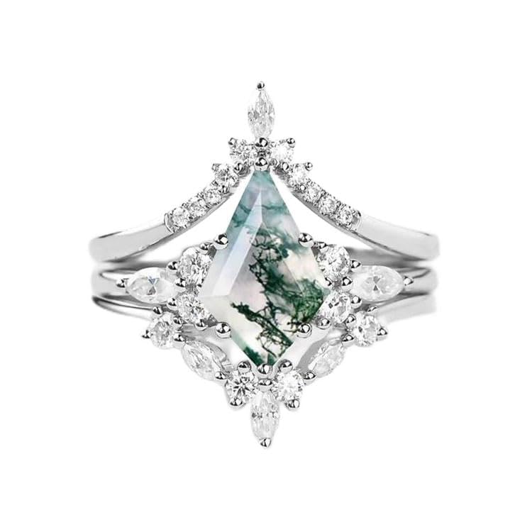 Amazon.com: Natural Moss Agate Ring 925 Silver Moss Agate Engagement Ring Set Promise Wedding ...