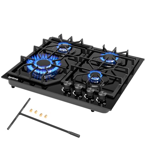Ignivra Gas Cooktop 4 Burners, 12000W Built-in Gas Stove, Black Crystal ...