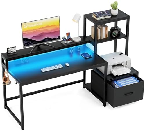 GreenForest Gaming Desk with Drawer and Printer Shelf,175 cm Reversible ...