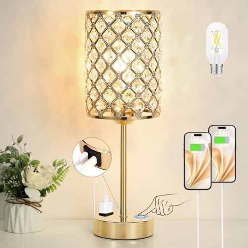 Crystal Table Lamp, Gold Touch Lamp for Nightstand with USB C+A Ports ...