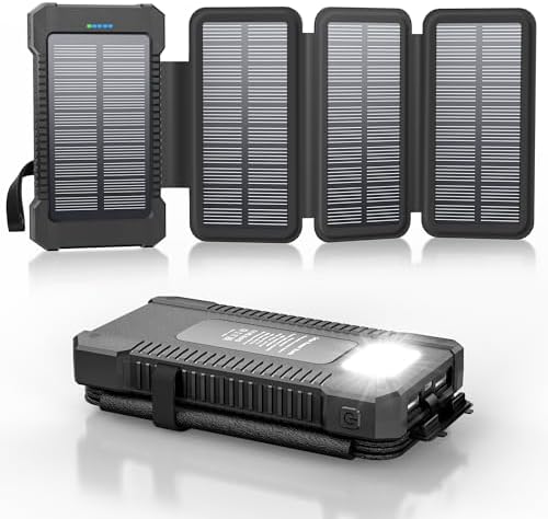 Solar Power Bank 26800 mAh with 4 Solar Panels, Power Bank USB-C 18W ...