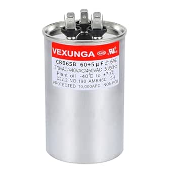 VEXUNGA AC Capacitor 60+5 uF 60/5 MFD 370 or 440 or 450 VAC CBB65B Dual ...