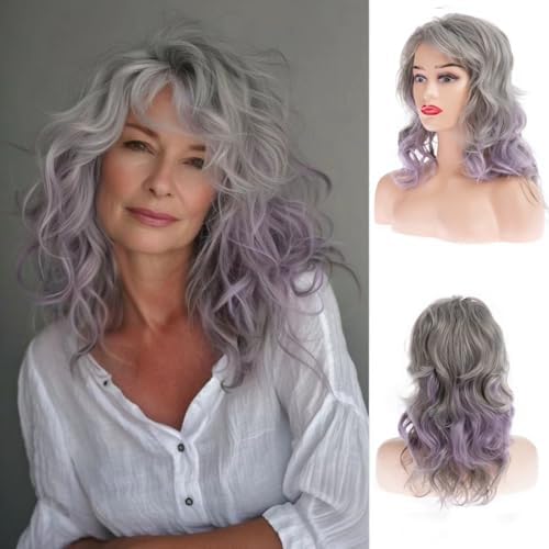 Amazon.com : Wiwige Long Curly Wavy Gray Purple Wig for Women Natural ...