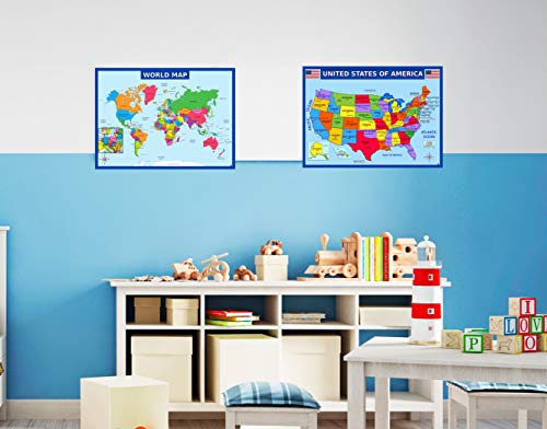 World Map Poster and United States USA Map Poster for Kids - Laminated ...