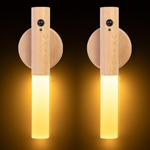 Doraimuni 2PCS Rechargeable Motion Sensor LED Night Light Wooden Wall ...