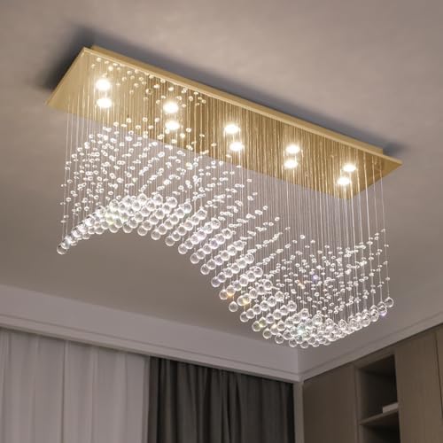 Siljoy 47'' Modern Crystal Chandelier, Gold Rectangular K9 Crystal Wave ...