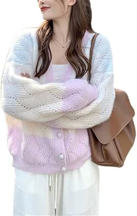 Cutecore Button on Crop Cardigans for Women Long Sleeve V Neck Color ...