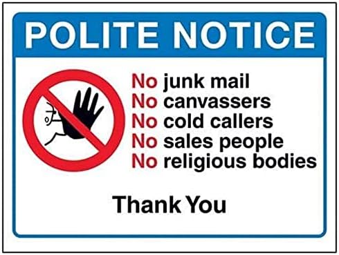 V Safety Polite Notice: No Junk Mail Sign - 150mm x 100mm - Self ...