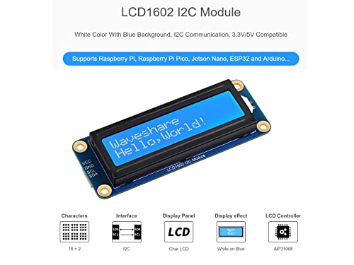 Waveshare 1602 LCD I2C Display Module, White Color with Blue Background 16×2 Characters LCD fr ...