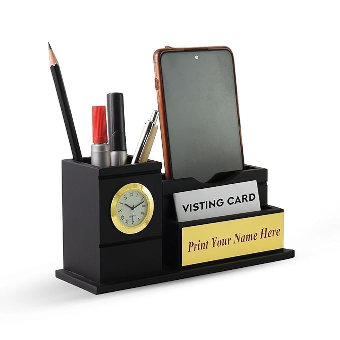 SHIVOM CRAFTS Wooden Desk Organiser with Clock, Pen Holder, Mobile ...