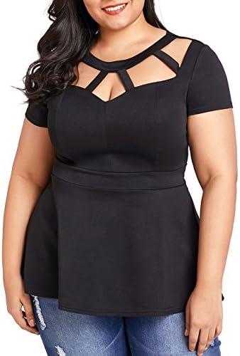 LALAGEN Women Plus Size Short Sleeve Flare Peplum Blouse Top Black ...
