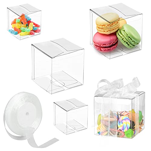 100 Pack Clear Favor Boxes with White Silk Ribbon, Cube Boxes for Candy ...