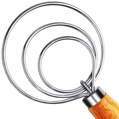 TEEVEA Danish Dough Whisk Wooden Dutch Bread Mixer Tool with Stainless ...