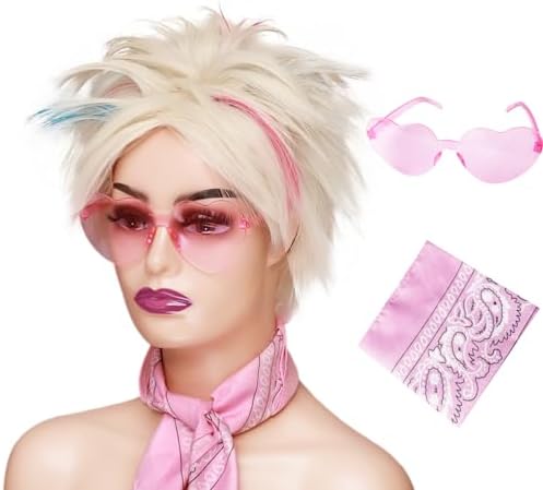 Amazon.com: NIUOBYS Short Blonde Pink Blue Weird style Cosplay Wig with ...