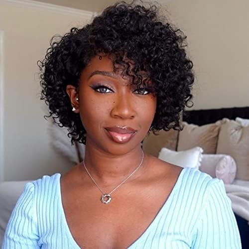 Amazon.com : MOWCAW Short Curly Human Hair Wigs for Black Women 8 Inch ...
