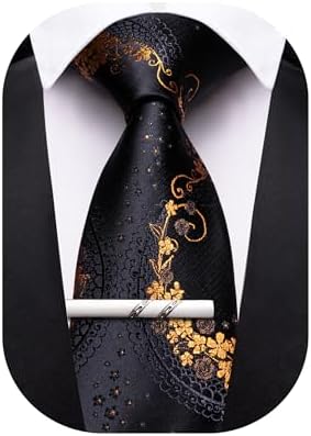 Barry.Wang Black Gold Ties for Men Floral Tie Necktie and Tie Clip ...