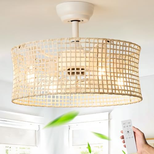 hummingbird 20 Inch Rattan Caged Ceiling Fan with Light, Boho White ...