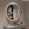 Amazon.com: Wood Frame Lighted Mirror, Round LED Bathroom Mirror ...