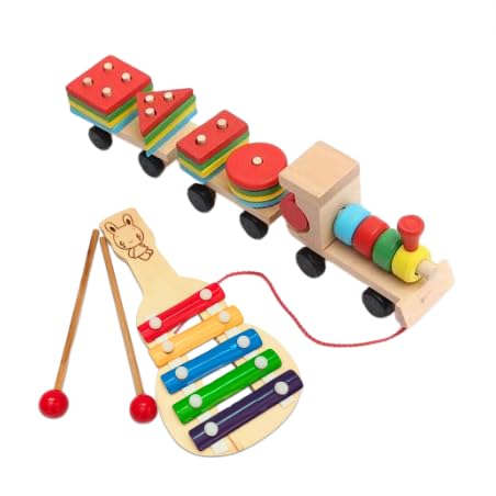 EcoElf Wooden Train Stacker Plus Xylo-Guitar Toy with 5 Notes Joycombo ...