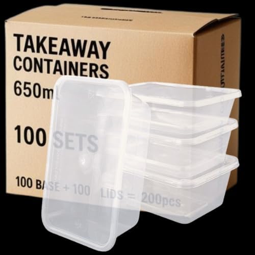 100 Pack Plastic Takeaway Food Containers Disposable with Lids 650mL ...