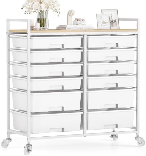 Amazon.com: Rolling Storage Cart with 12 Drawers, Wooden Tabletop ...