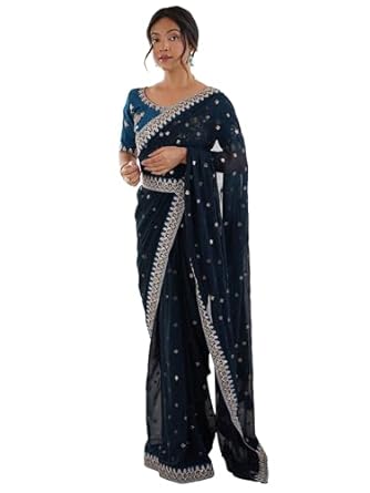 AKHILAM Women's Teal blue Georgette Embellished Saree With Unstitched Blouse Piece (2RIDDHI109 ...